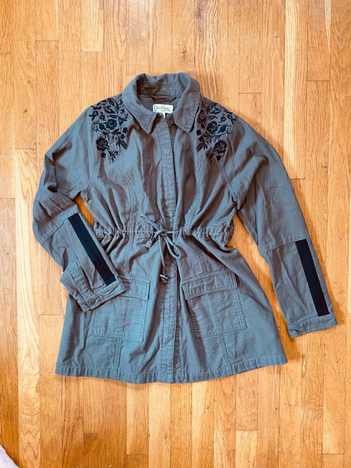 Jessica Simpson Army Green Floral Patch Embroidered Multi Pocket Zip Up ...