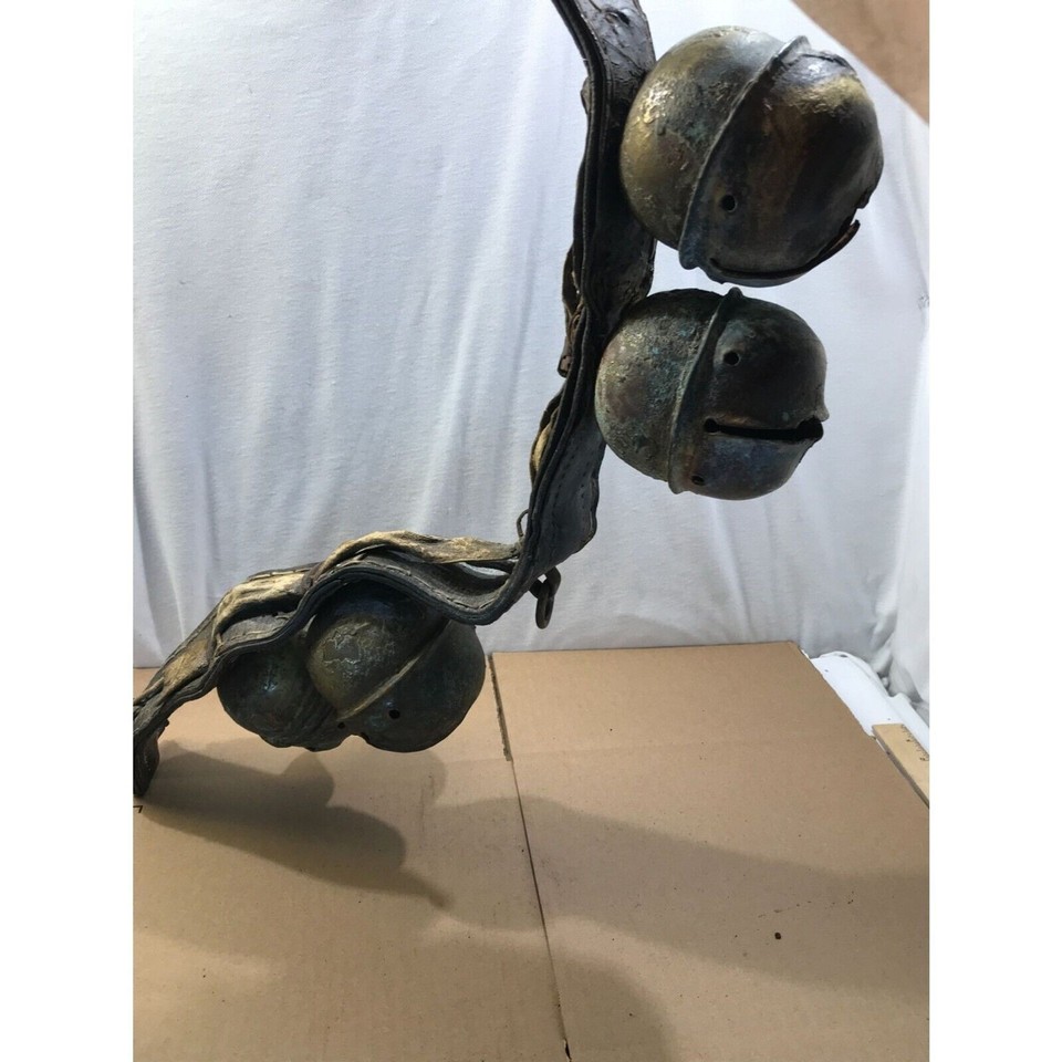 Antique large brass sleigh bells on leather strap, 4 bells, huge 4 ...