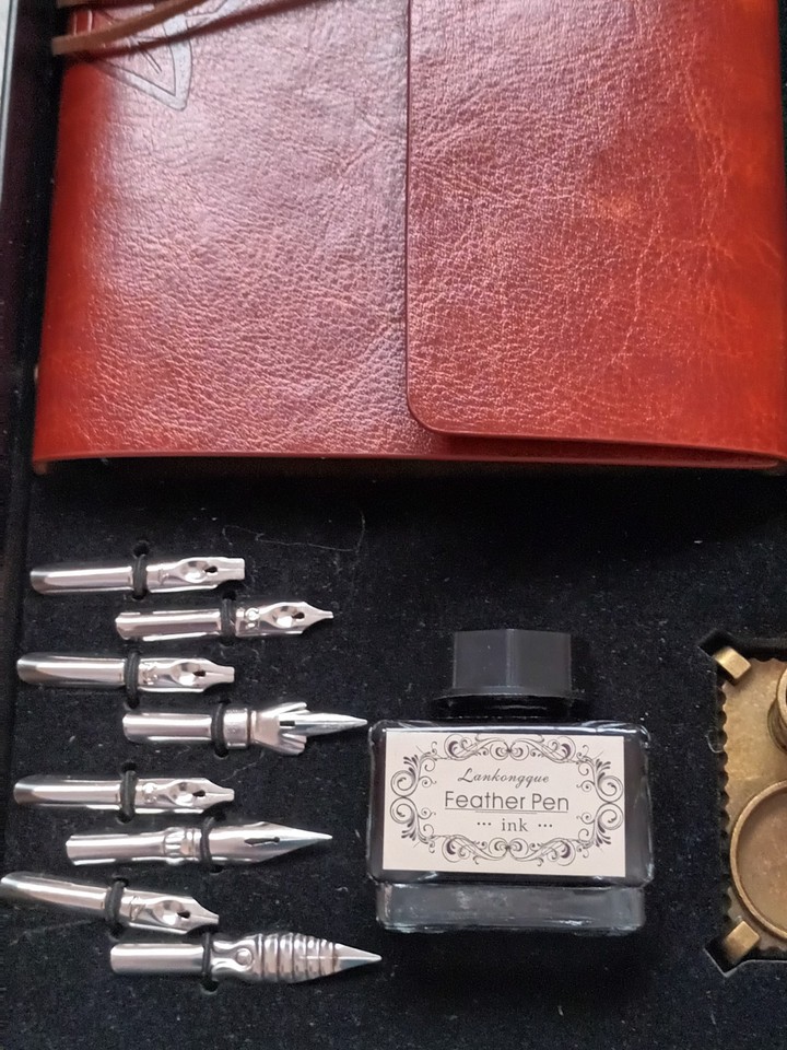 Cieex Quill Pen& Ink Set with Leather Note Book Envelopes Retro Feather ...