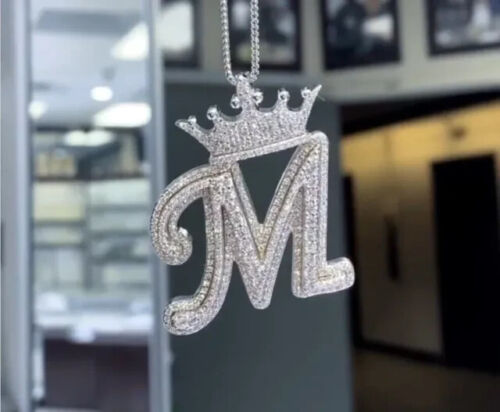 2Ct Round Moissanite Crown "M" Letter Customize Pendant 14K White Gold ...
