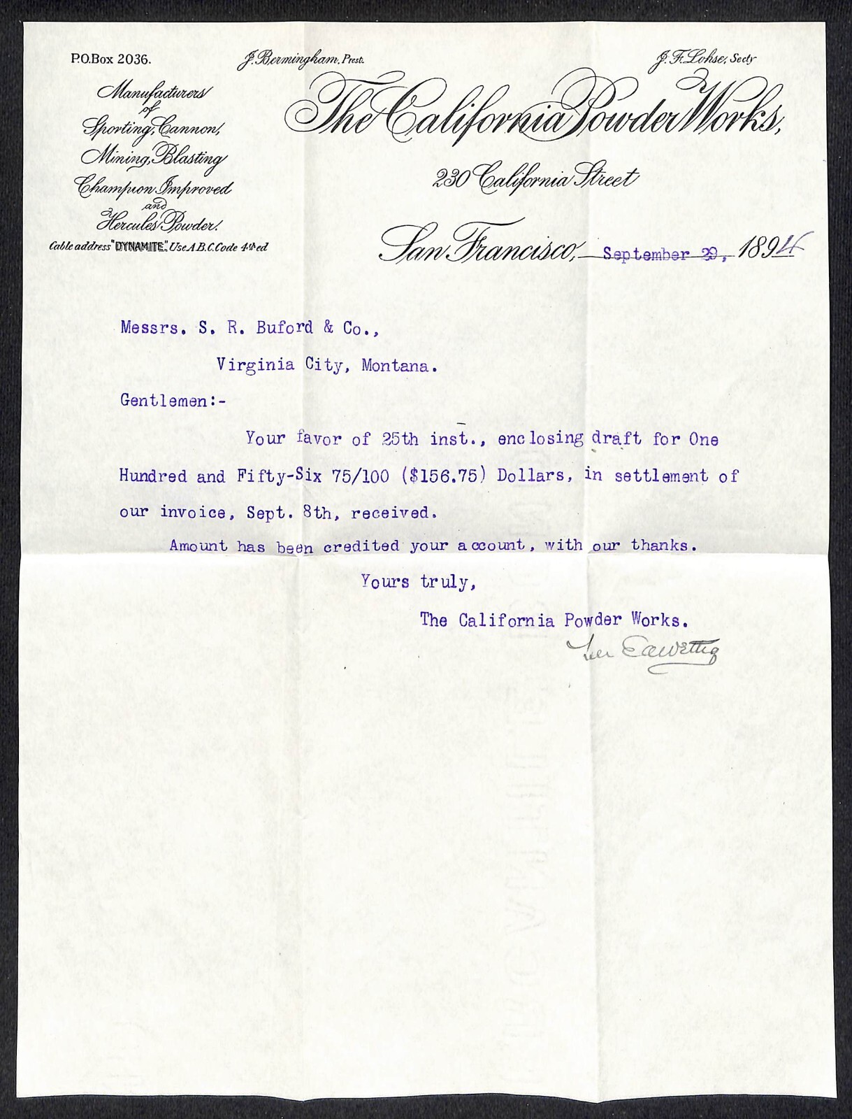 California Powder Works Hercules Dynamite 9/29 1894 Letterhead S.R ...