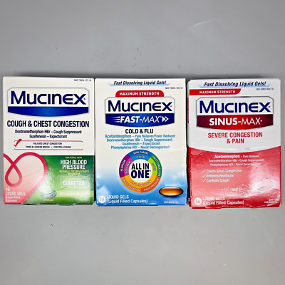 Mucinex !MIXED LOT! Cold & Flu Cough & Chest Sinus Max 16 Liquid Gel ...