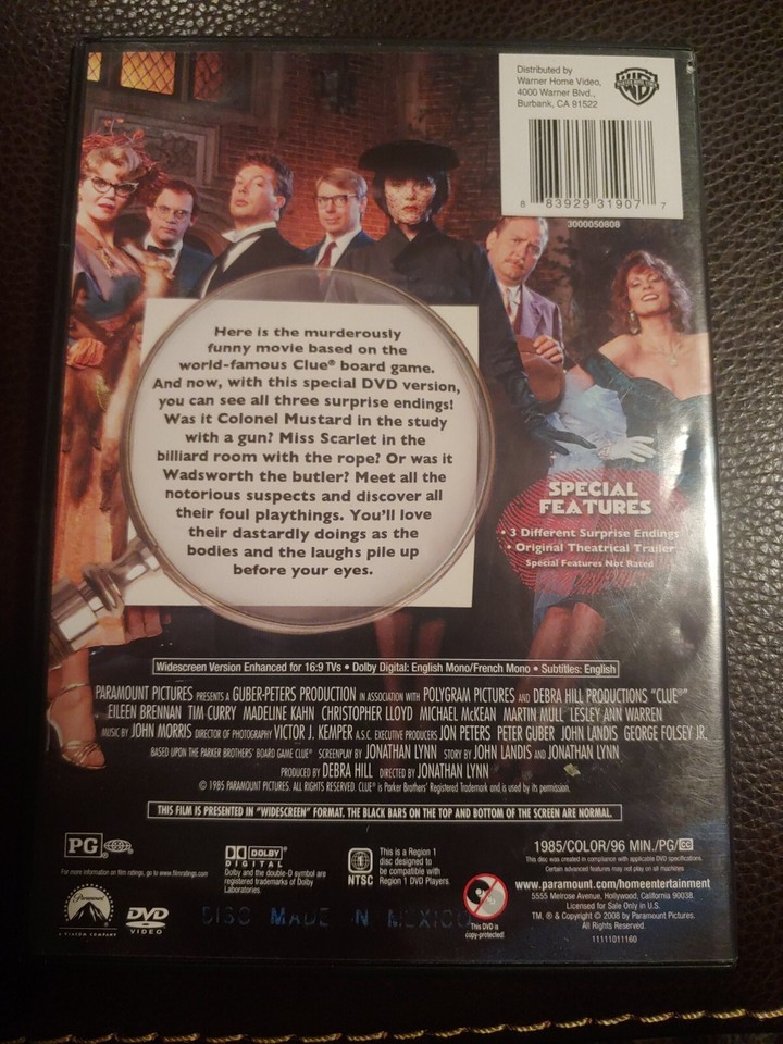 Clue The Movie 1985 DVD 2008 Eileen Brennan, Tim Curry, Madeline Kahn ...