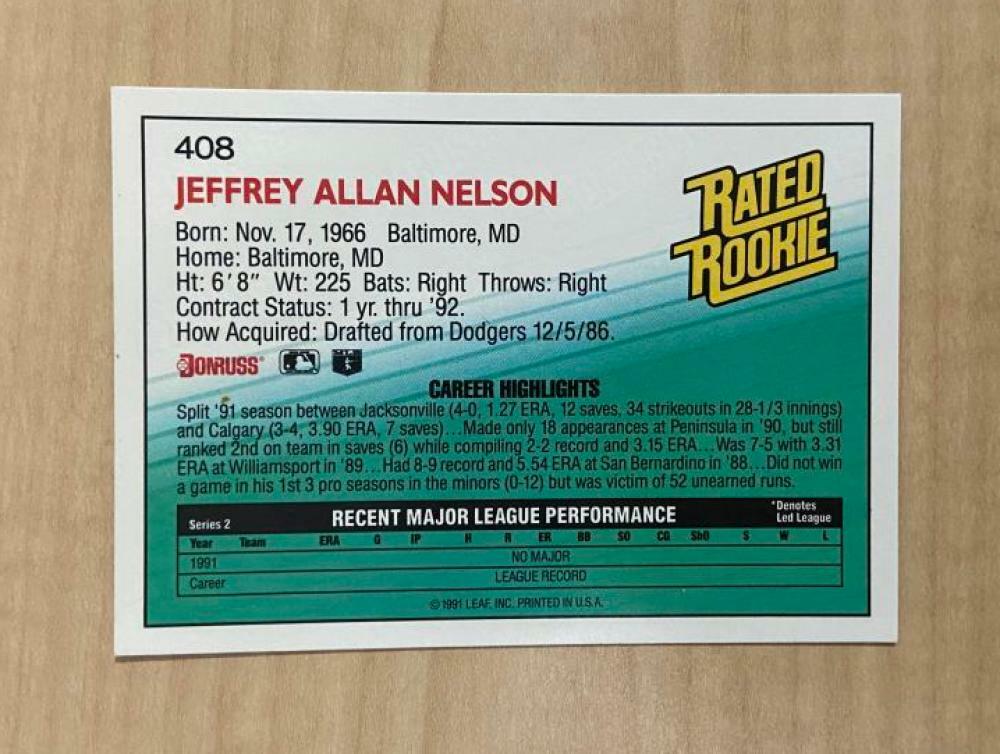 JEFF NELSON SEATTLE MARINERS SIGNED AUTOGRAPHED 1992 DONRUSS CARD #408 ...