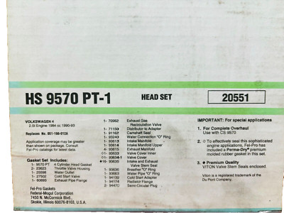 Engine Head Gasket Set Fel-Pro HS 9570 PT-1 FOR VOLKSWAGEN 2.0L 90-93 ...