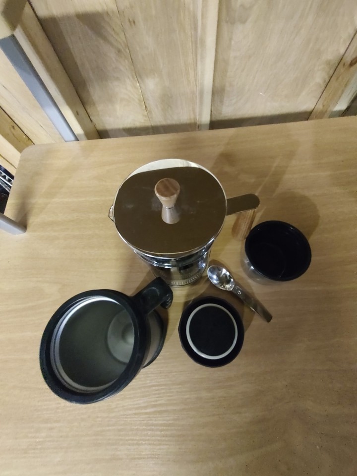 Vtg. French Press Glass Wood Breakfast Coffee Maker Thermos w Soupspoon ...