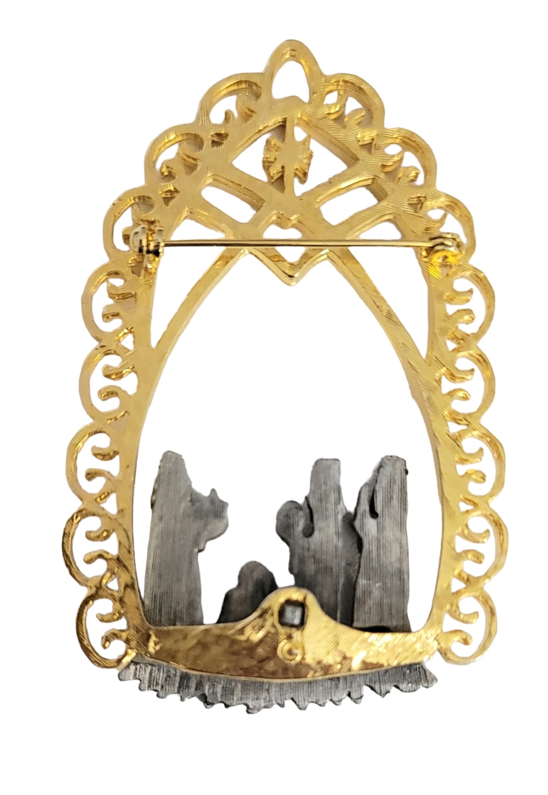 Gold, Pewter Tone Nativity Arch Window Brooch - Gem