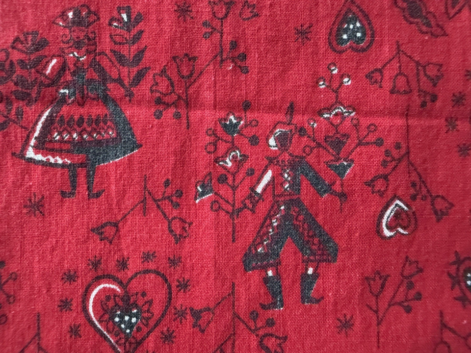 Vintage cotton fabric Dutch? German? Print; hearts tulip floral, red ...