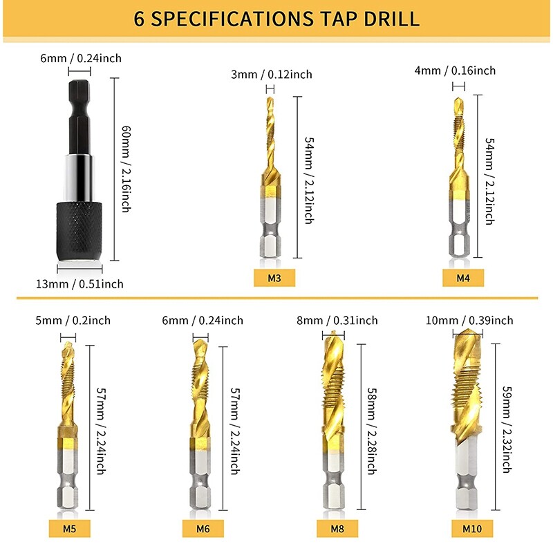 7Pcs Combination Drill and Tap Bit Set 3-In-1 Coated Screw Tapping Bit ...