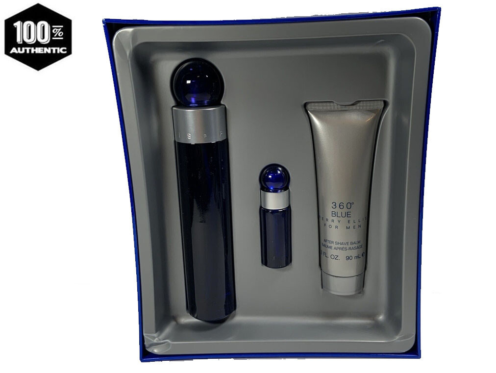 Perry Ellis 360 Blue 3 pc Gift Set for Men-3.4oz EDT sp+3.0oz A/S/B+0 ...