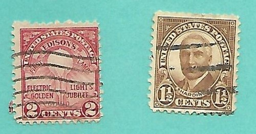 2 US Stamps, 69¢ Shipping, 1929 2¢ Edison's 1st Lamp;1930 1.5¢ Warren G ...