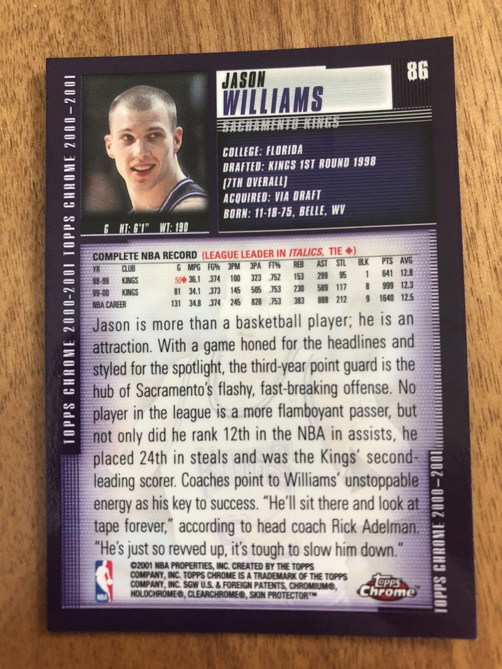 2001 Topps Chrome Refractor "Jason Williams" #86 Sacramento Kings Card ...