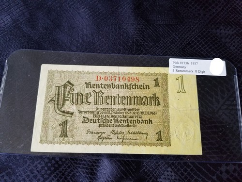 Germany Third Reich 1 Rentenmark 1937 Pick #173b Extra Fine Serial ...