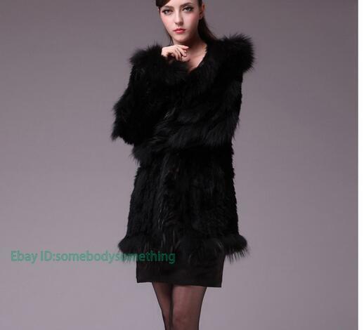 100% Real Genuine Knitted Rabbit Fur Fox Hood Warm Women Outwear Coat ...
