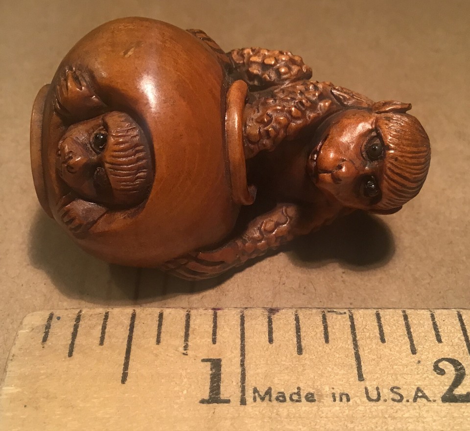 Japanese Boxwood Netsuke - Dual Kappa w/Pot - Signed | eBay