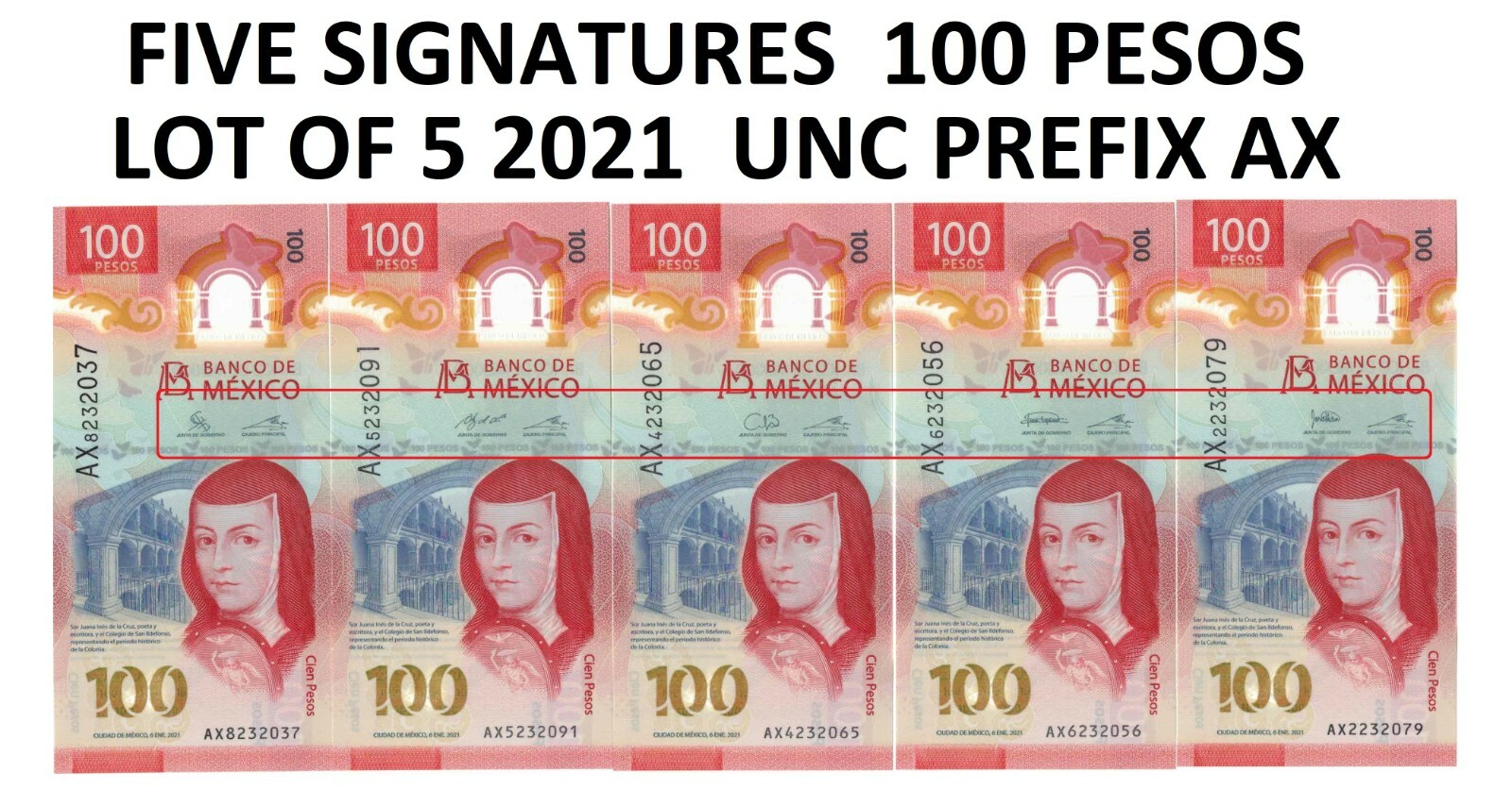 MEXICO 100 PESOS 5 PCS ALL SIGNATURES NEW POLYMER PREFIX AX UNC | eBay