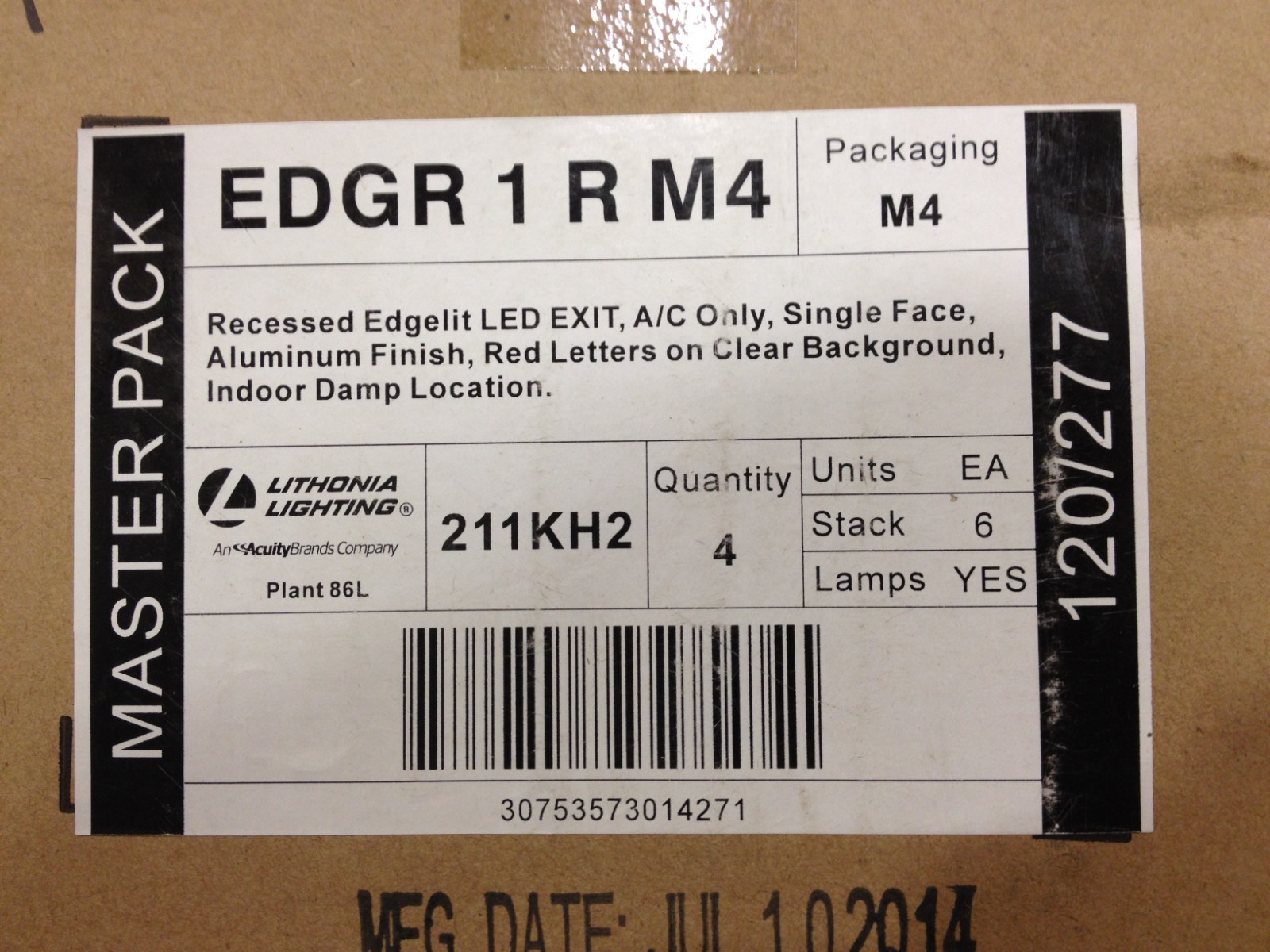 LITHONIA LIGHTING EDGR 1 R M4 RECESSED EDGELIT LED EXIT, A/C ONLY FNOB ...