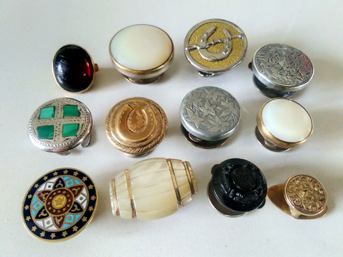 12 Bachelor Buttons antique gold silver pearl barrel enamel inlaid ...