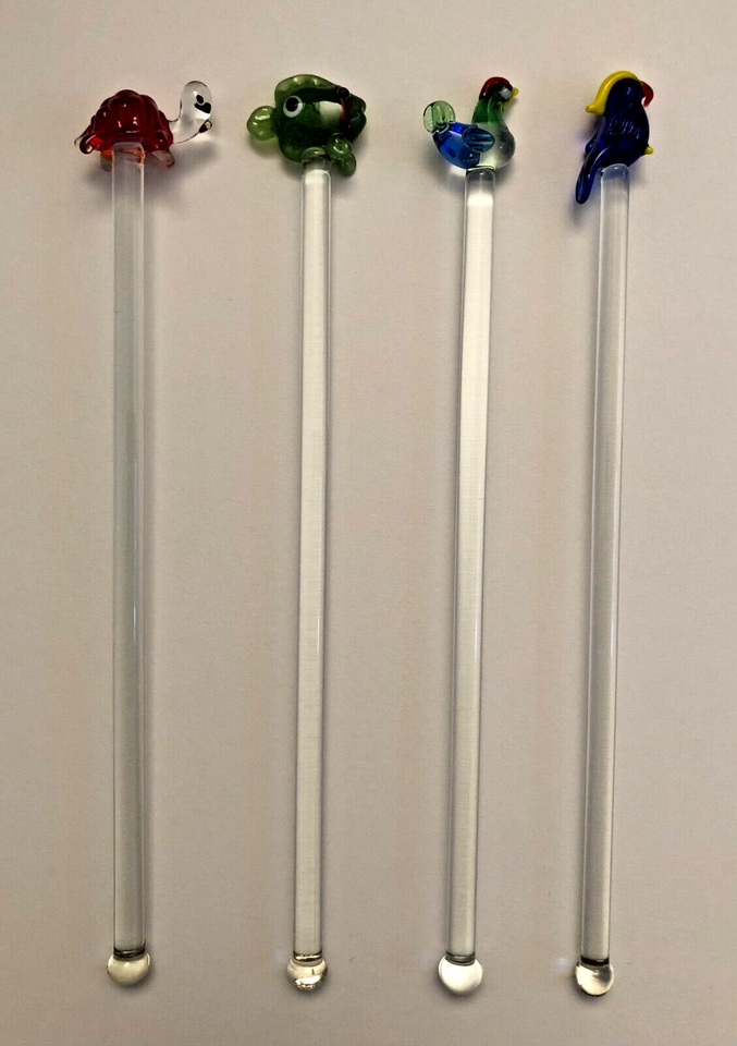 CUTE! Glass Swizzle Sticks Set - Handmade Animals - Turtle Fish Rooster ...