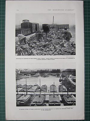 1914 WWI WW1 PRINT FRENCH SOLDIERS COLLECTING DEBRIS PONTOON BRIDGE ...