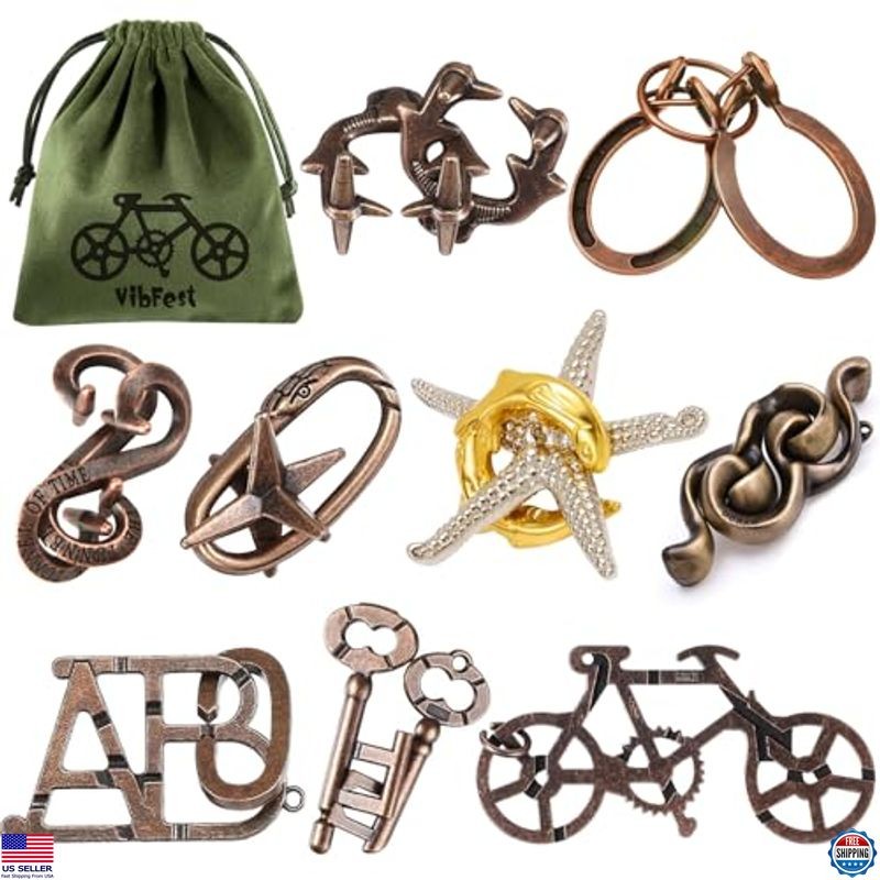 9-Piece Metal Brain Teaser Puzzle Set - Unlockable Interlocking Mind ...