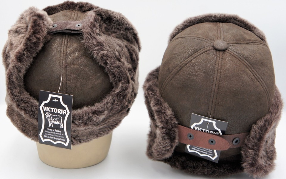 100% Sheepskin Shearling Leather Hat Trapper Ushanka Hunting M-3XL ...