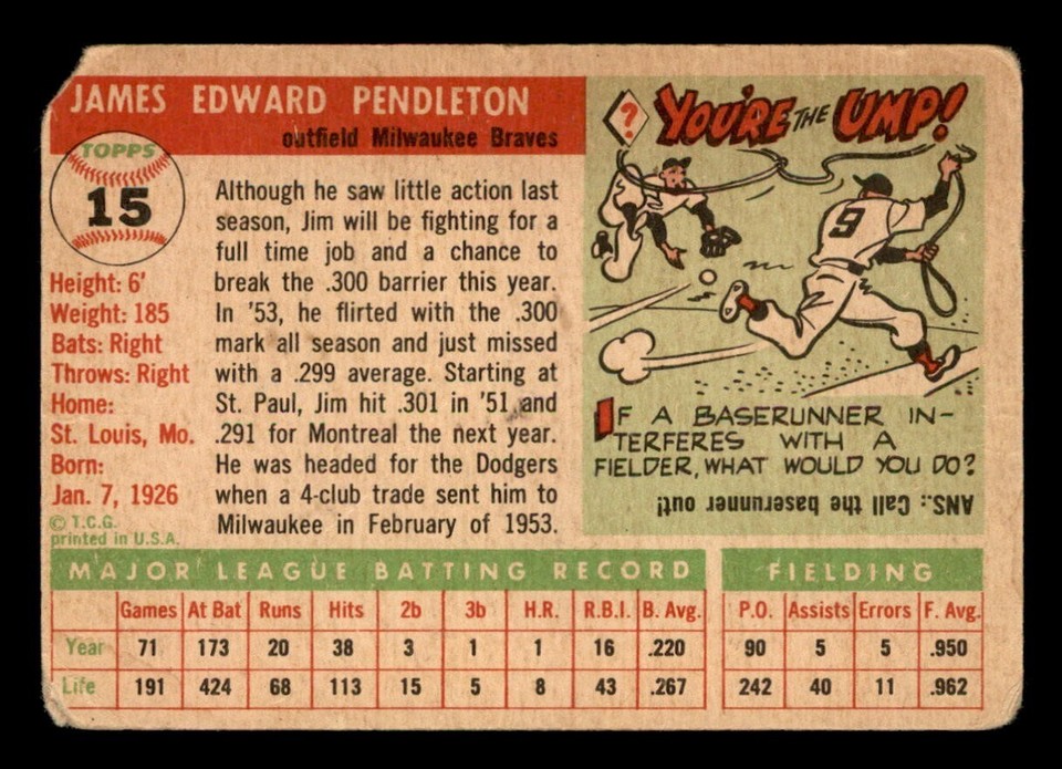 1955 Topps Baseball #15 Jim Pendleton PR *i2 | eBay