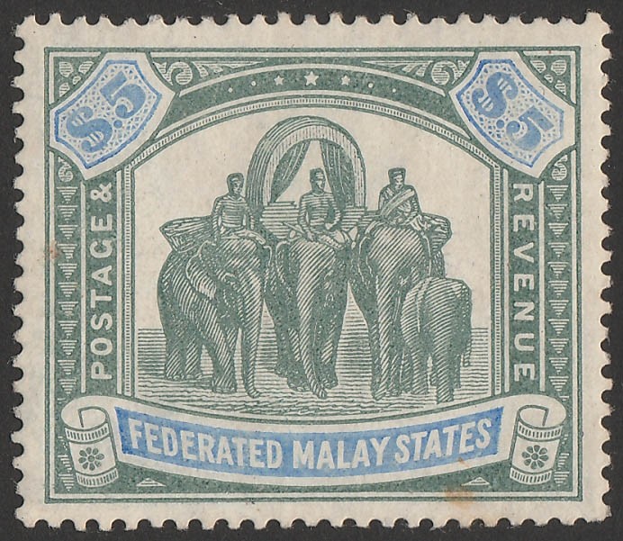 FEDERATED MALAY STATES 1904 Elephants $5 wmk mult crown. SG 50 cat £350 ...
