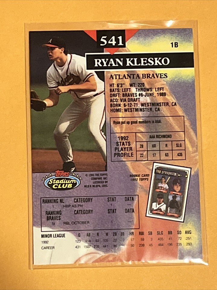 *Ryan Klesko* 1993 Topps Stadium Club #541 Atlanta Braves Free Shipping ...