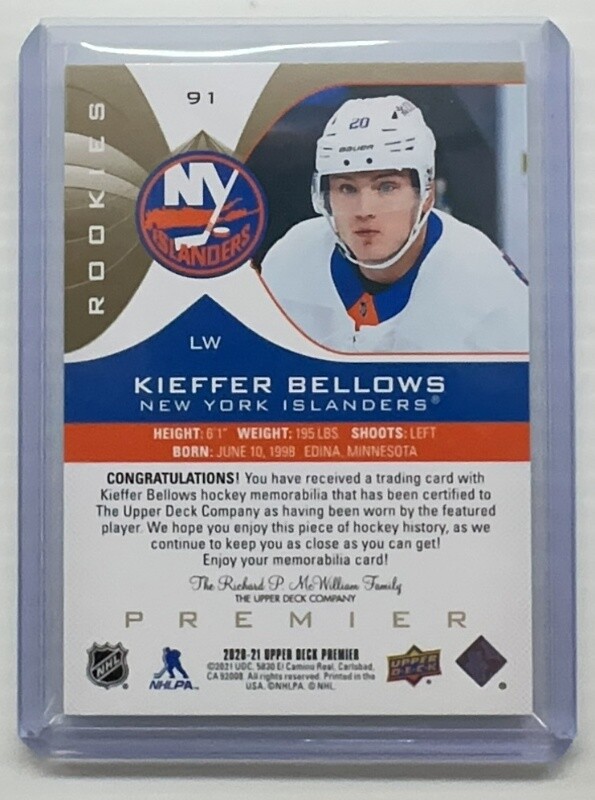 2020-21 Upper Deck Premier Kieffer Bellows Rookie Patch RC #33/49 #91 ...