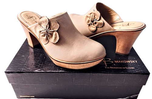 B Makowsky Tan Quan Leather Platform Mule Clog w/Flower Detail ~ 9M ...