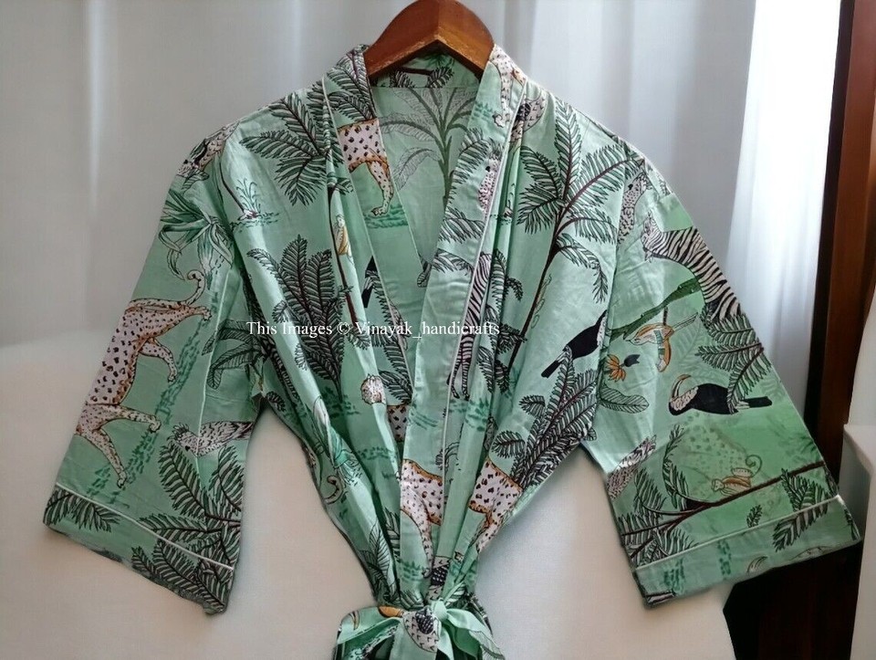 Indian Cotton Long Kimono Green Forest Printed Women's Nightwear Robe ...