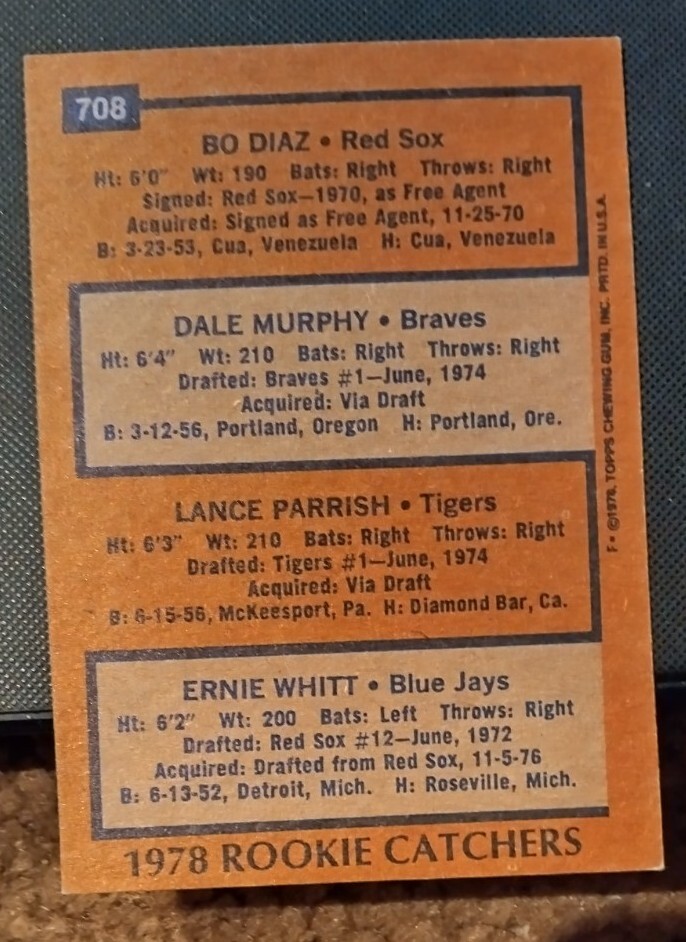 1977 Topps Baseball Lance Parrish/Dale Murphy Rookie Card #708 In Ex ...