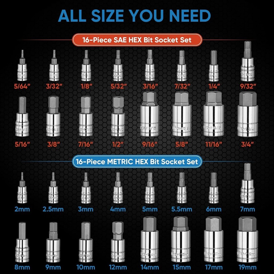 32PCS HEX Bit Socket Set, SAE and Metric Hex Bit Set with Storage Case ...