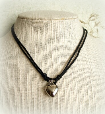 BLACK ADJUSTABLE DRAWSTRING SILVER HEART PENDANT NECKLACE | eBay