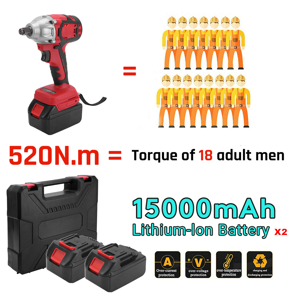 Impact Wrench Driver Cordless Brushless 1/2" Drive Rattle Gun 2 Battery ...