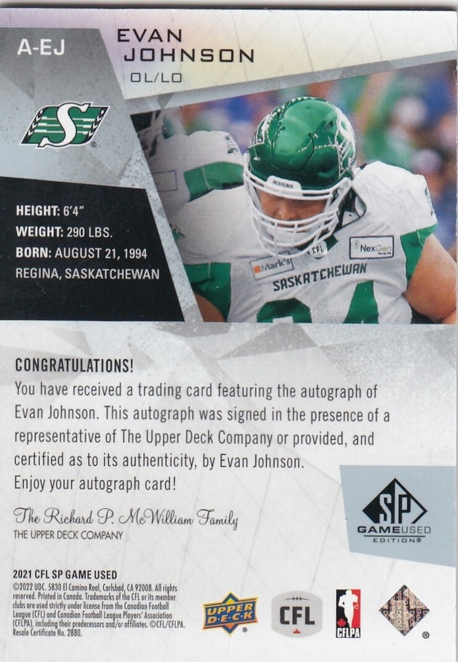 2021 Upper Deck CFL SP Game Used A-EJ Evan Johnson Autograph | eBay
