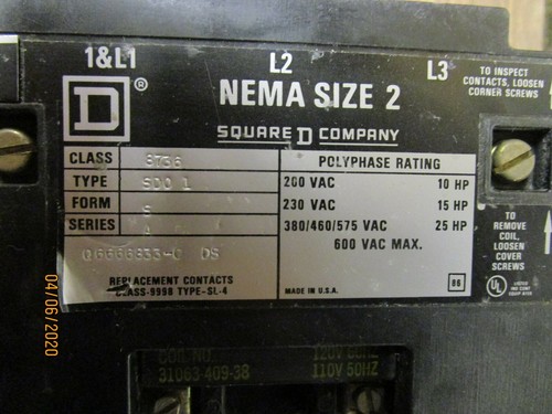 SQUARE D 8736 SD01 SDO1 SDO-1 SIZE SZ 2 REVERSING STARTER 25HP SER A ...