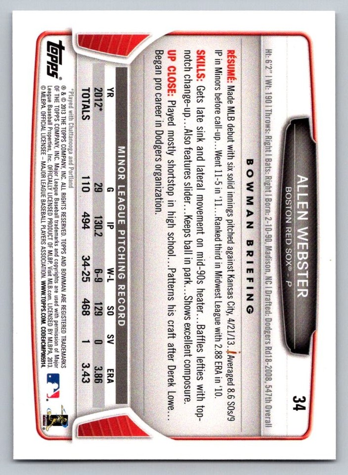 2013 Bowman Baseball Allen Webster Boston Red Sox Rookie Card RC #34 | eBay