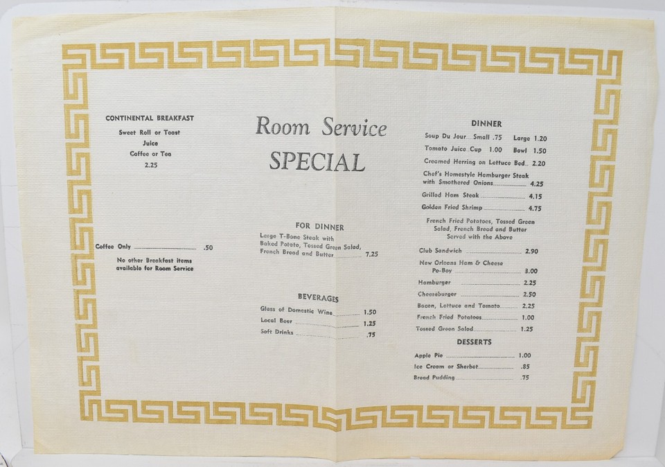1970s Hotel Inn Continental Breakfast Dinner Dessert Room Service Menu ...