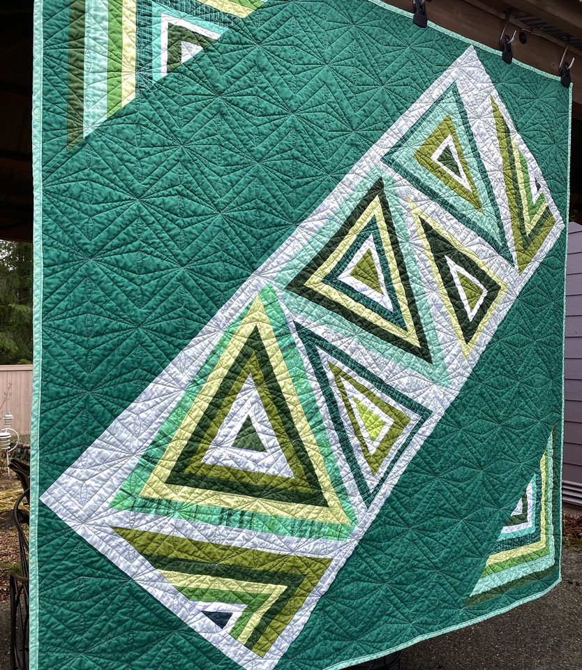 JADE GEOMETRY Modern Throw Quilt 56” x 56” Handmade. Cotton. Green triangles | eBay