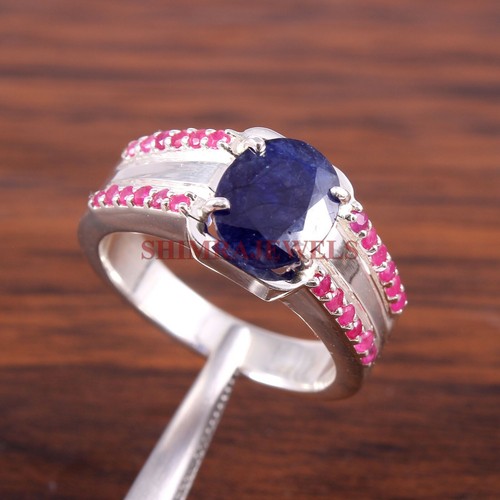 Heated Blue Sapphire & Ruby Gemstone with 925 Sterling Silver Men's ...