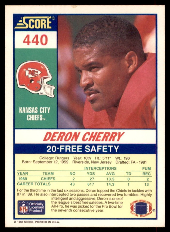 Deron Cherry 1990 Score #440 Kansas City Chiefs Buy 3 Get 3 Free | eBay