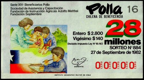 CHILE, LOTTERY TICKET, "POLLA CHILENA", GAME # 884, YEAR 1982, NUMBER ...