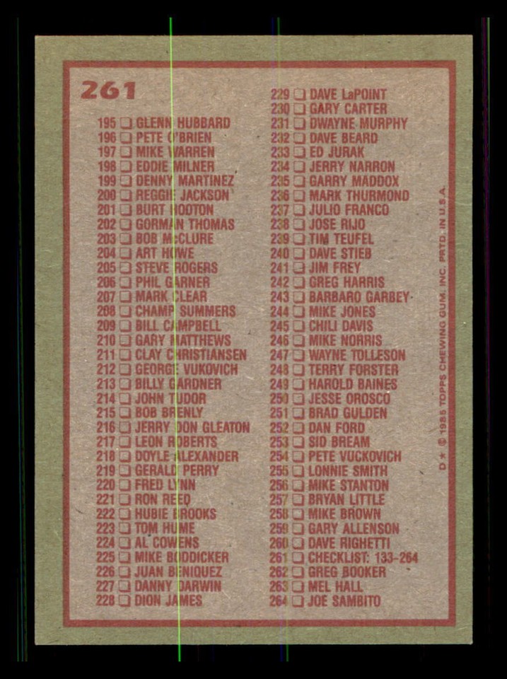 1985 Baseball 1985 Topps Checklist: 133-264 MLB #261 2 | eBay