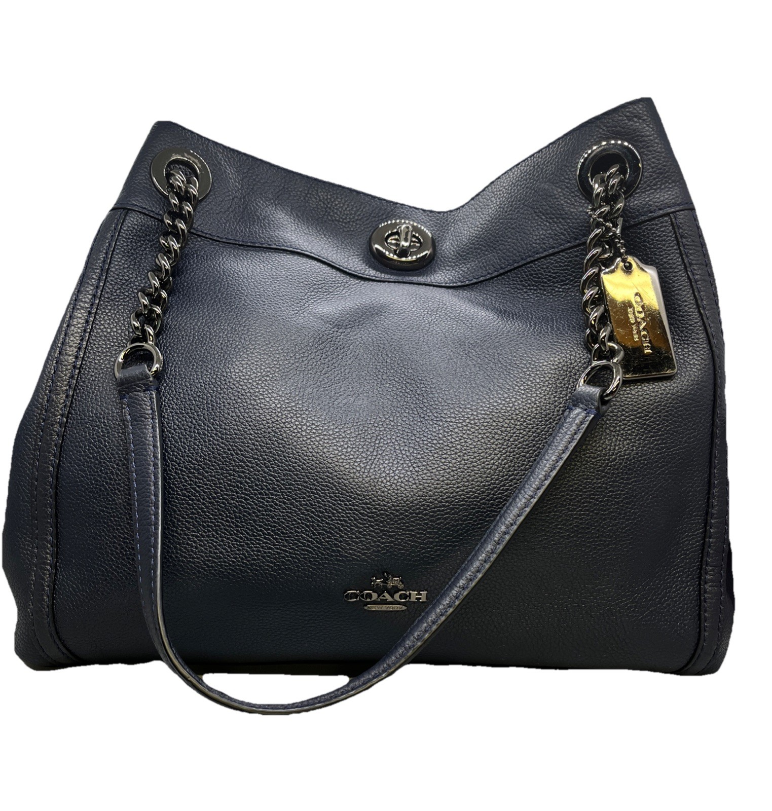 Coach Dark Navy Blue Pebbled Leather Edie Turnlock Sh… - Gem