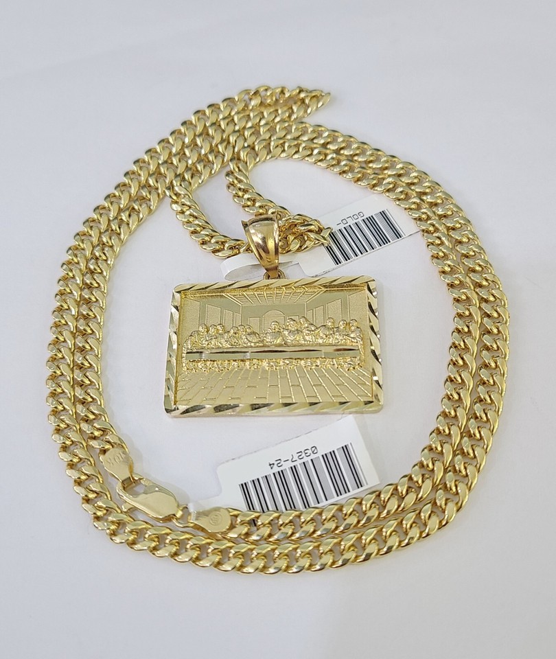 Real 10k Miami Cuban Chain Last Supper Charm Set 4mm Yellow Gold ...