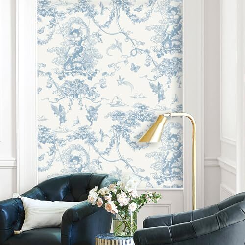 Peel and Stick Wallpaper Blue Toile Contact Paper White and Blue 16" x ...