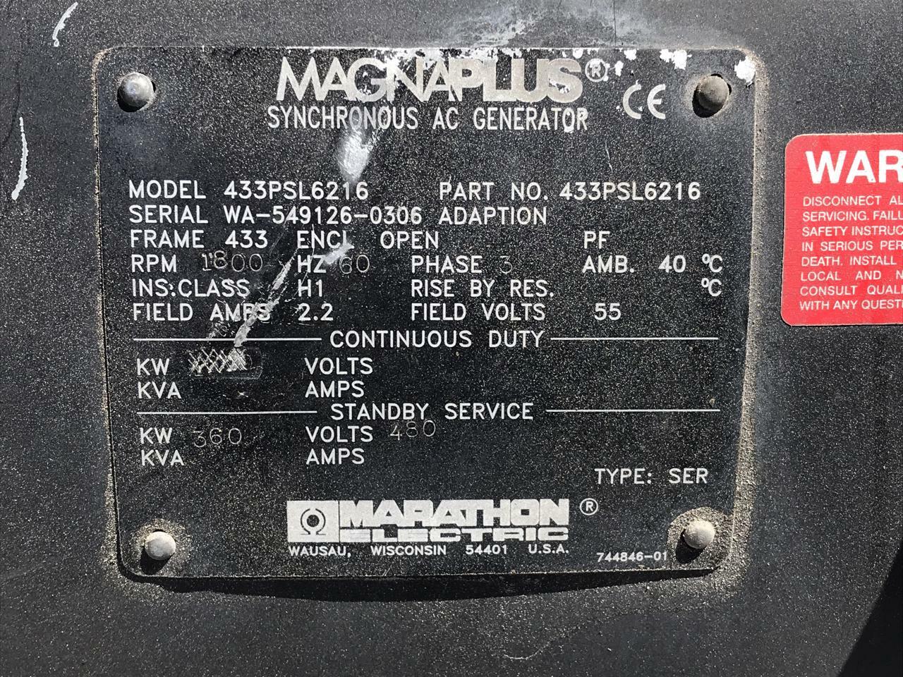 Marathon Magnaplus Generator End, 360 kW, Year 2006, 12 Wire ...