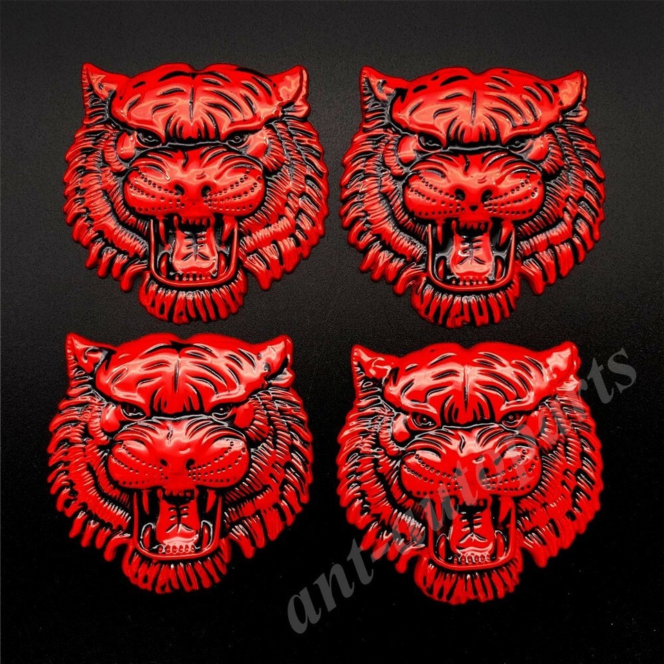 4PCS Small Red Metal Tiger Head Trunk Rear Side Stickers Car Emblem ...